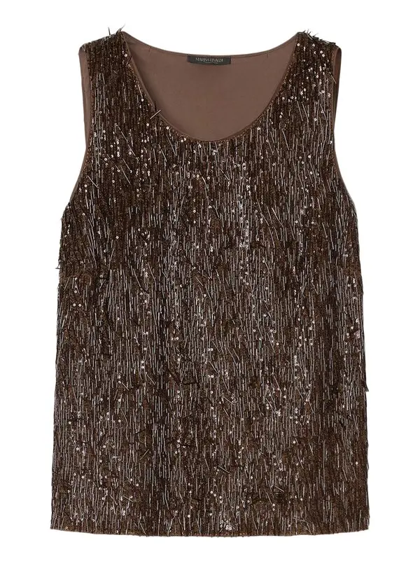 Marina Rinaldi Embroidered Tulle Top - Brown
