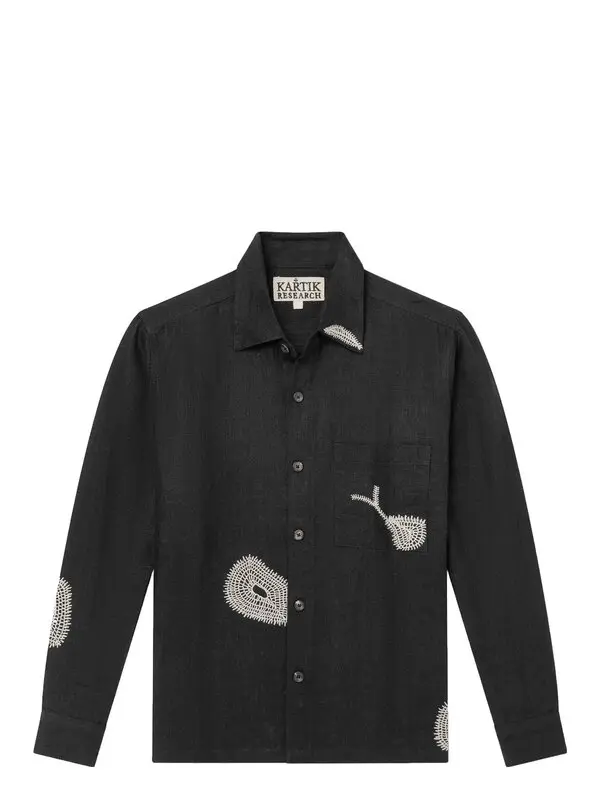 KARTIK RESEARCH Repair Embroidered Linen Shirt - Black