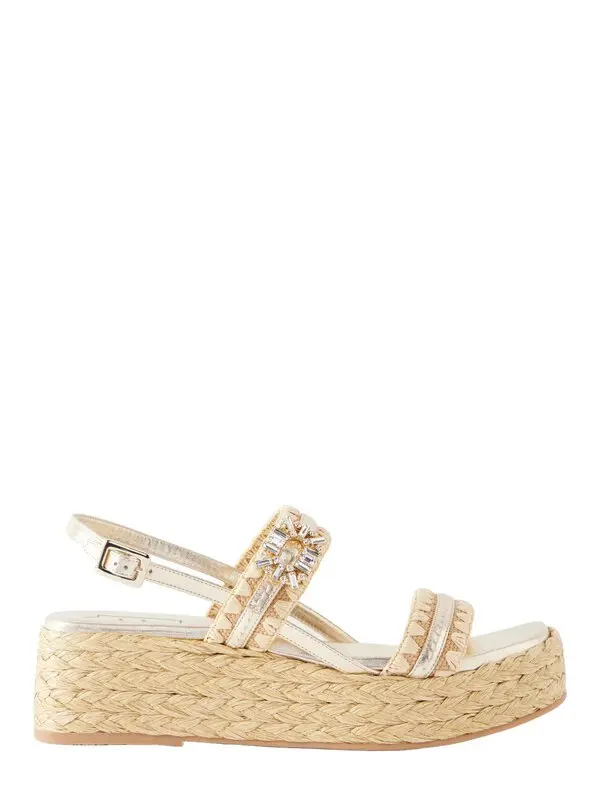 ROGER VIVIER Summer Embellished Metallic Leather-trimmed Raffia Platform Sandals - Gold