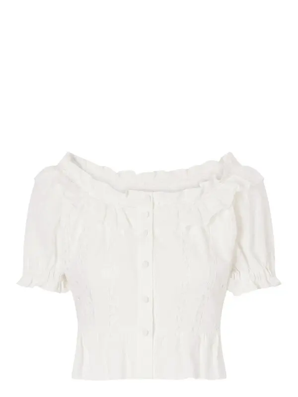 Loretta Caponi Terracina Ruffled Lace-trimmed Cotton-poplin Blouse - Neutrals