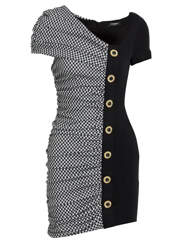Balmain Ruched Checked Cotton-blend Mini Dress - Black