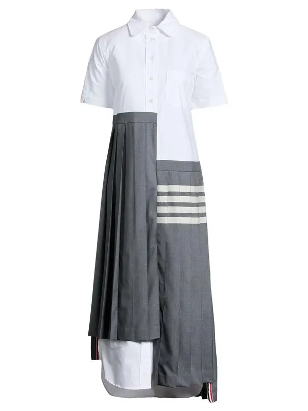 Thom Browne Asymmetric Striped Poplin-paneled Wool Midi Shirt Dress - White