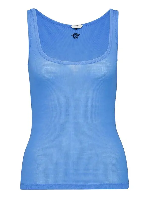 Versace Embroidered Ribbed Wool Tank Top - Blue