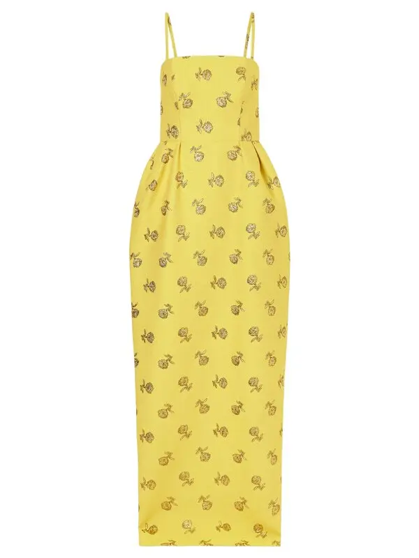 Carolina Herrera Pleated Floral-jacquard Lurex-trimmed Crepe Gown - Yellow
