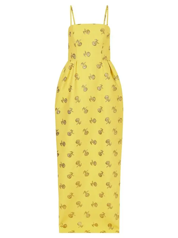 Carolina Herrera Pleated Floral-jacquard Lurex-trimmed Crepe Gown - Yellow