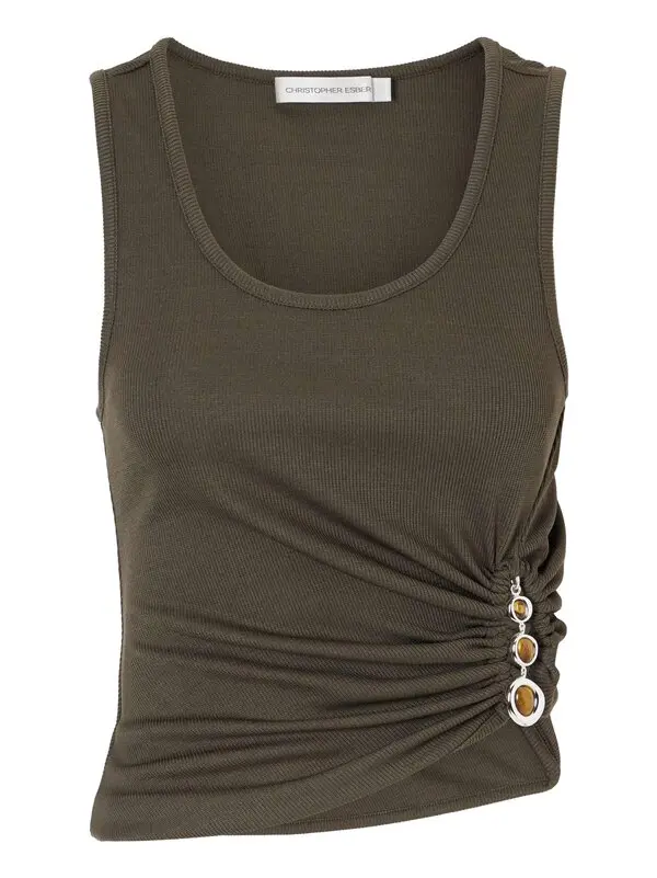Christopher Esber Droplet Embellished Ruched Ribbed-jersey Tank - Army Green