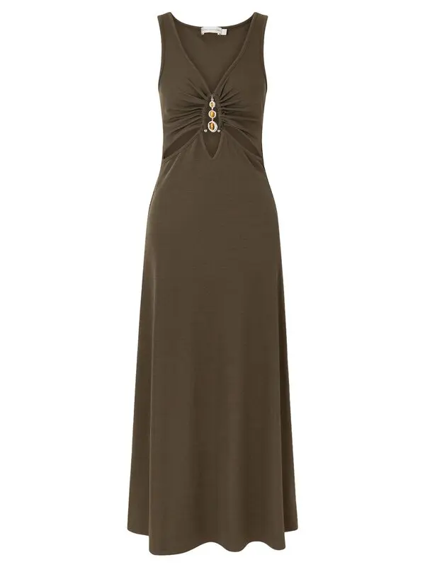 Christopher Esber Droplet Embellished Cut-out Ribbed-jersey Midi Dress - Brown