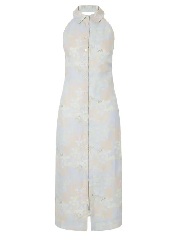 Bernadette Floral-print Linen Halterneck Midi Dress - Light Blue