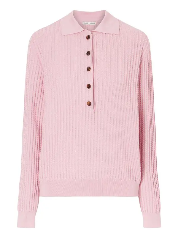 BLAZÉ MILANO Alegria Cable-knit Silk And Cotton-blend Polo Sweater - Pink
