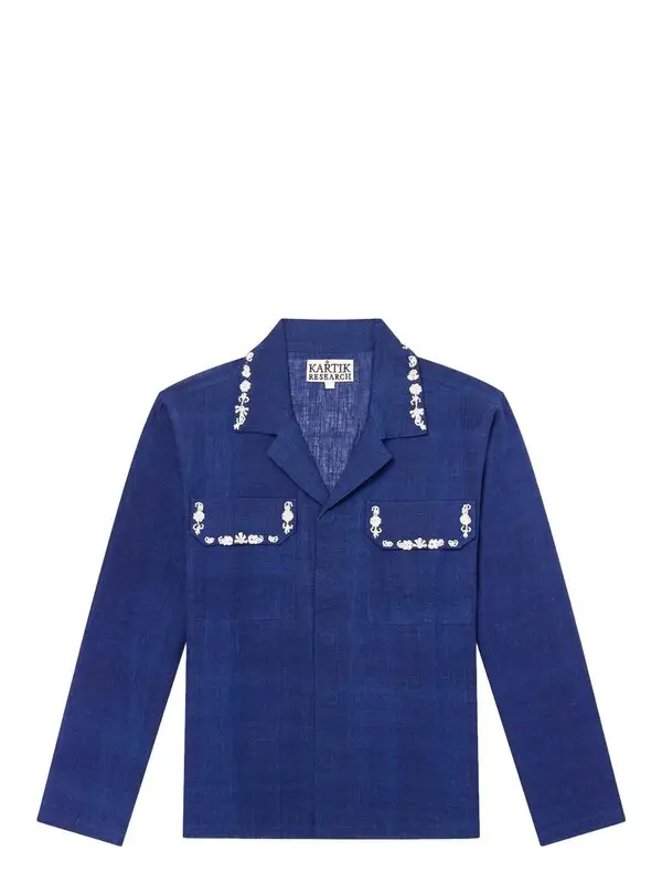 KARTIK RESEARCH Surya Camp-collar Embellished Embroidered Cotton Shirt - Blue
