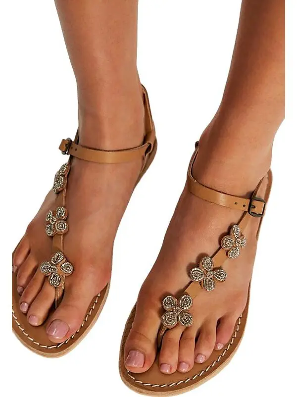 LAIDBACK LONDON Tao Asymmetric Beaded Sandals - Light Brown Leather Silver