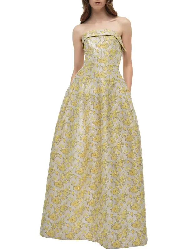 Simkhai Octavia Floral Jacquard Seamed Strapless Gown - Yellow