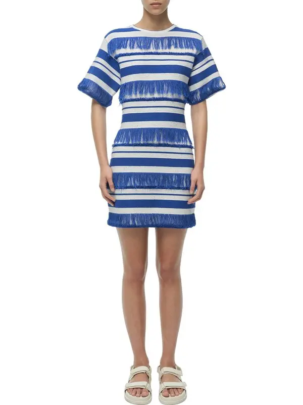 Simkhai Torrance Stripe Knit Fringe Mini T-shirt Dress - Blue