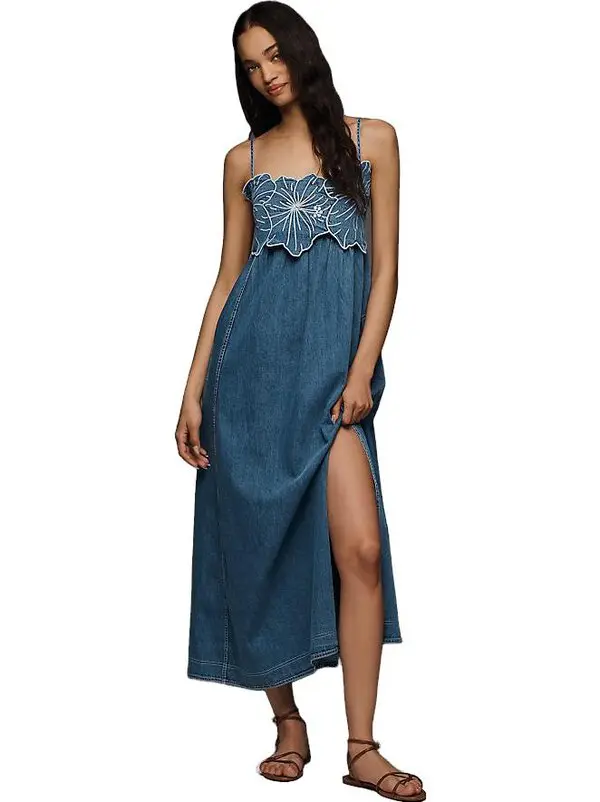 PILCRO Bouquet Embroidered Maxi Dress - Light Denim