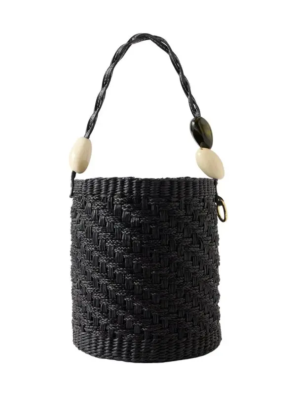 SENSI STUDIO Embellished Leather-trimmed Straw Bucket Bag - Black