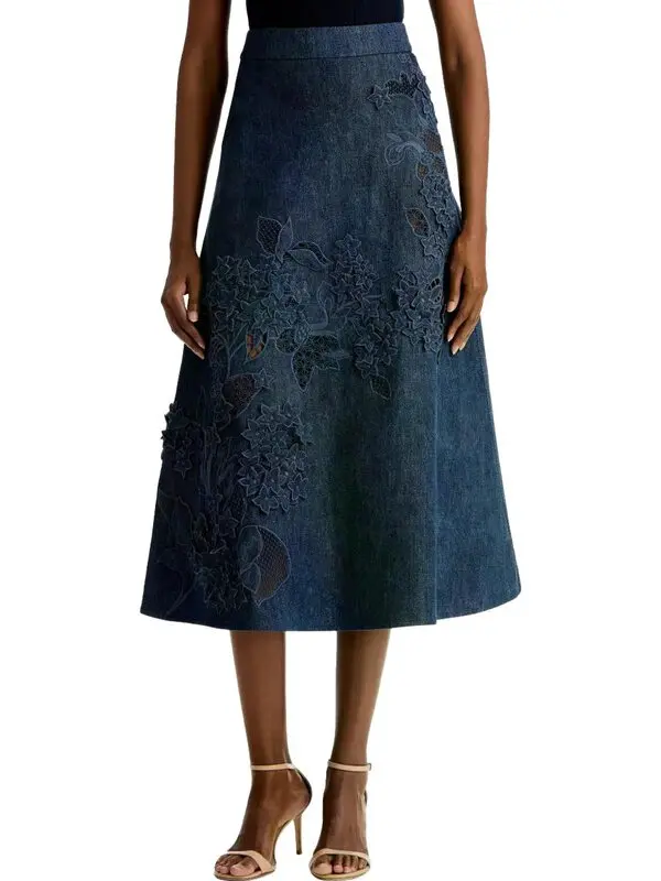 Oscar De La Renta Floral Appliqué Midi Skirt - Blue