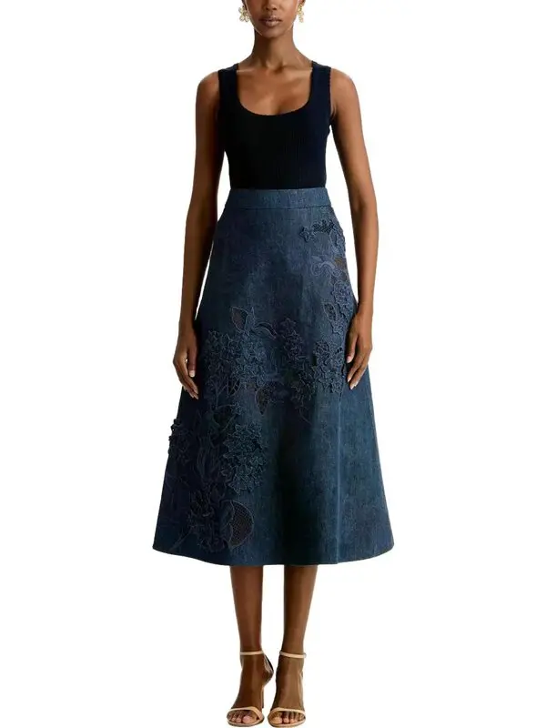 Oscar De La Renta Floral Appliqué Midi Skirt - Blue