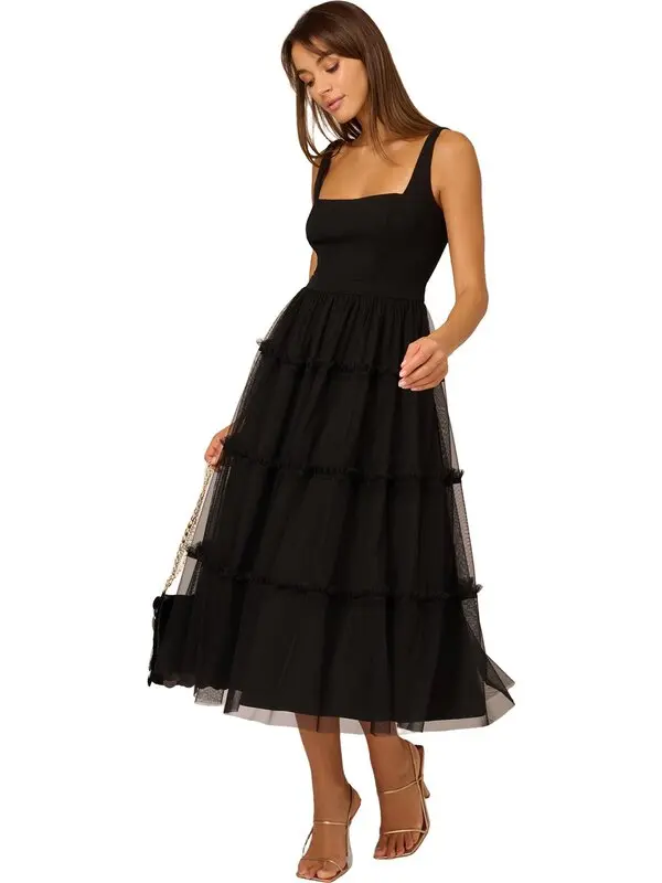 Adrianna Papell Sleeveless Midi Dress With Tiered Skirt - Black