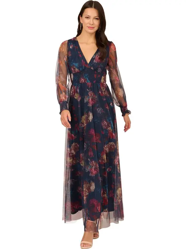 Adrianna Papell Bishop Sleeve Floral Mesh Maxi Dress - Navy Multi