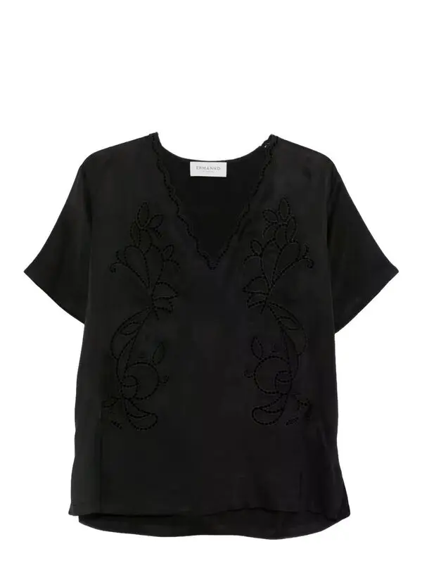 ERMANNO FIRENZE Floral-embroidery V-neck Top - Black