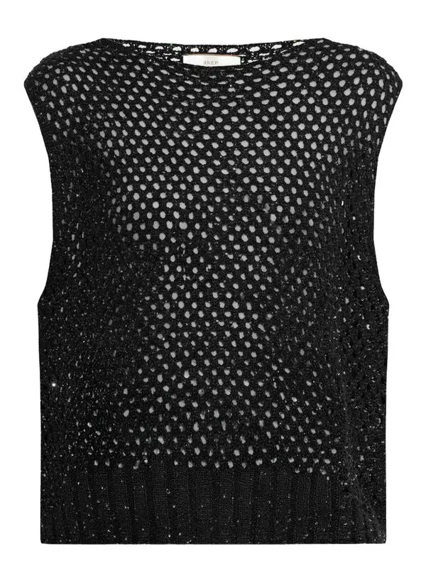 AKEP Sequin-embellished Open-knit Vest - Black