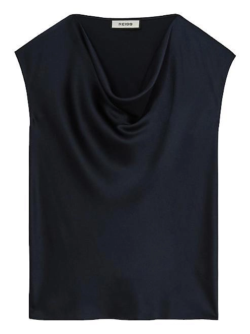 REISS Cate Cowl Neck Sleeveless Silk Top - Navy