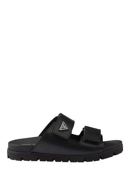 Prada Enamelled-logo Leather Slides - Black