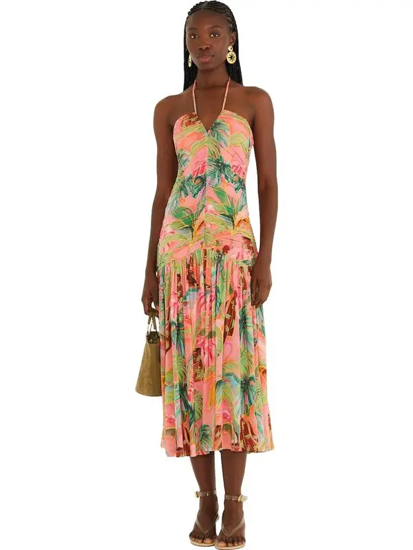 Farm Rio Ruched Sleeveless Midi Dress - Pool Time Soft Pink