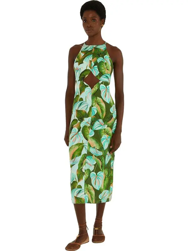 Farm Rio Anthurium Linen Midi Dress - Anturium Leaves Green