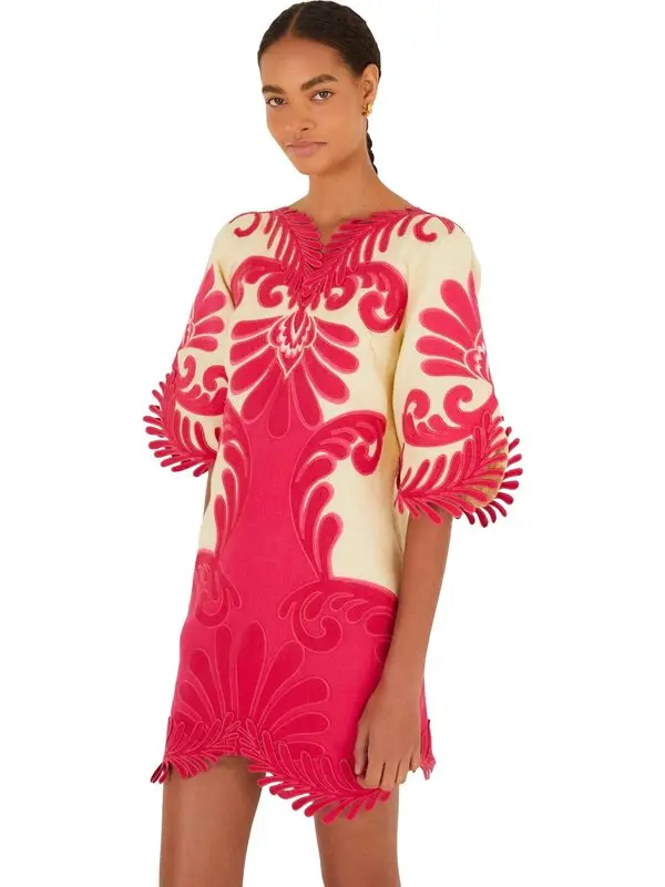 Farm Rio Arabesc Embroidered Linen Mini Dress - Spring Arabesc Pink