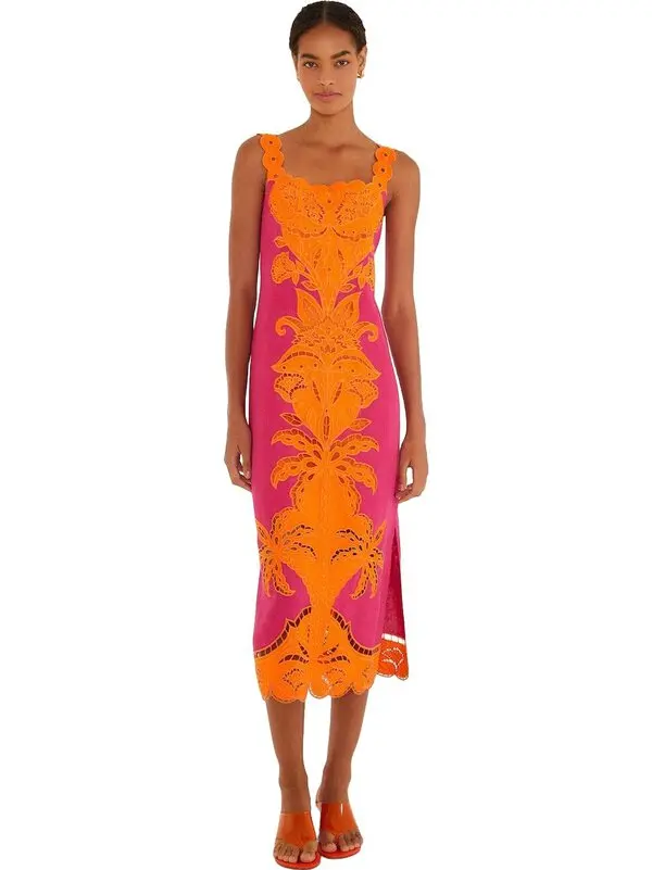 Farm Rio Cutwork Euroflax™ Premium Linen Midi Dress - Pink And Orange