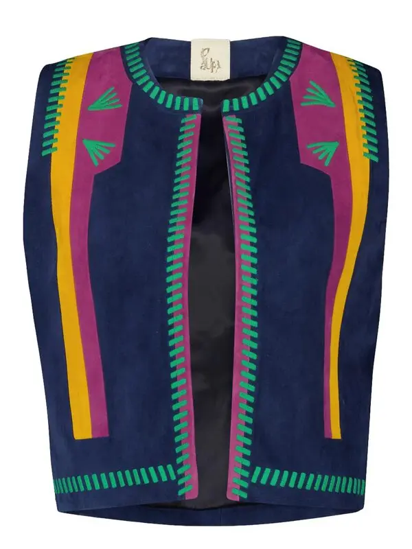 PAULA Name Pansy Estate Blue Embroidered Suede Vest - Multicolour