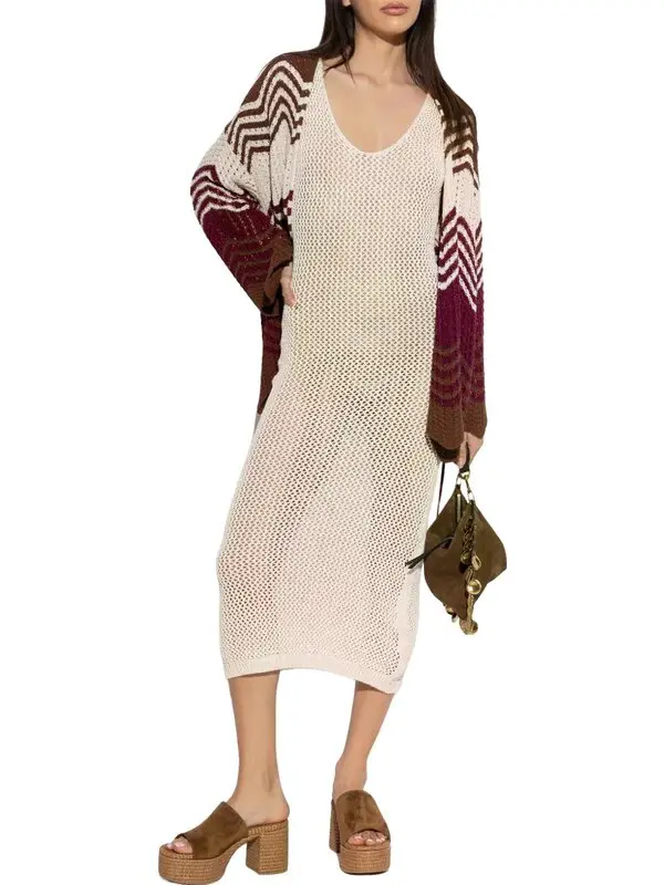 AKEP V-neck Crochet-knit Midi Dress - Neutrals