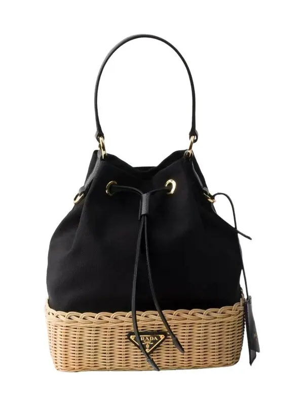 Prada Wicker And Canvas Bucket Bag - Black