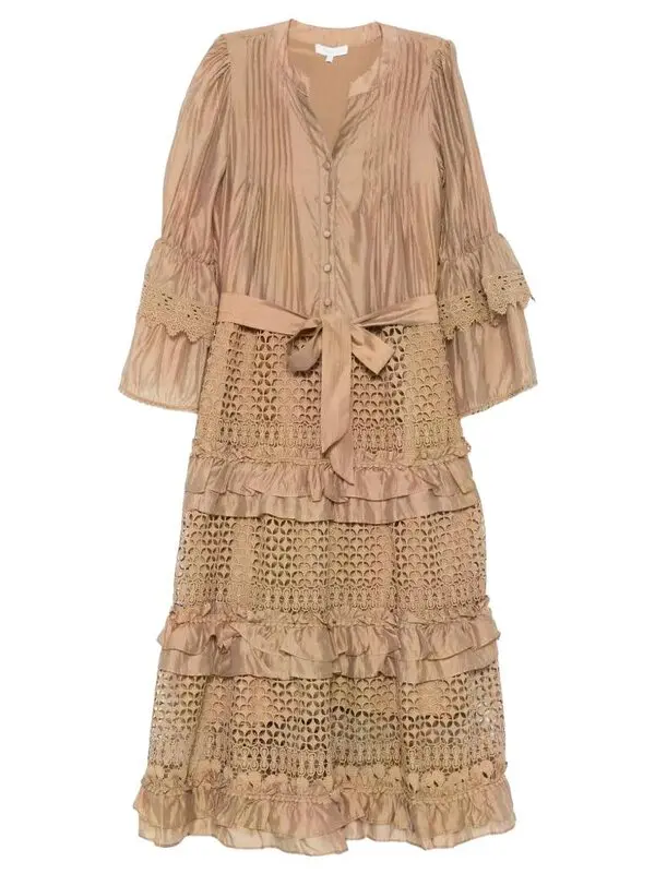 PAPER LACE Lace Ruffled Midi Dress - Brown