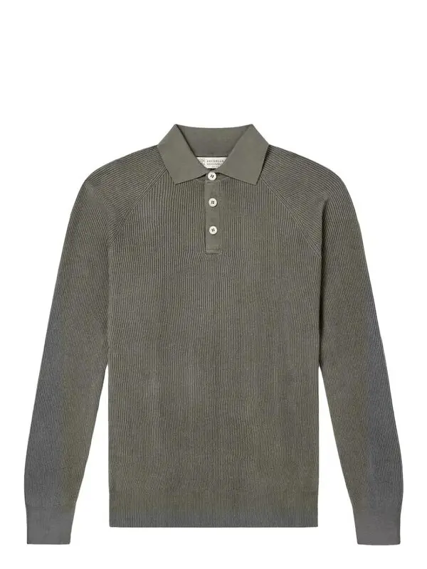 Brunello Cucinelli Cotton English Rib Knit Polo With Long Raglan Sleeves - Neutrals