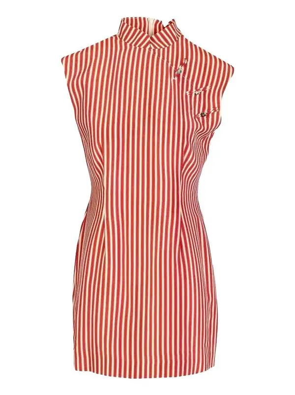 HUI HUI Striped Mandarin-collar Top - Red