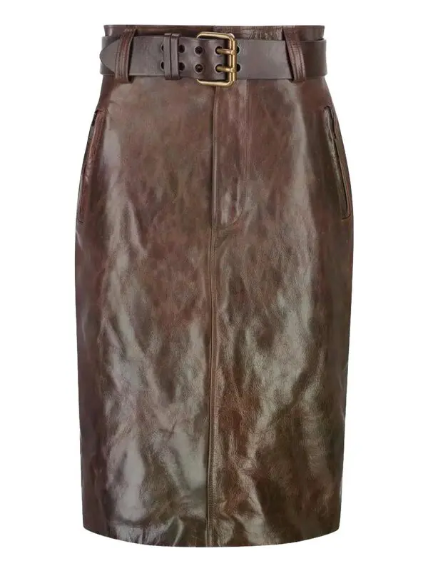 Saint Laurent Belted Leather Midi Skirt - Brown
