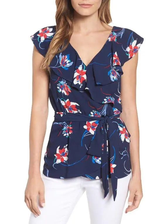 Halogen Ruffled Tie-waist Top - Navy Print