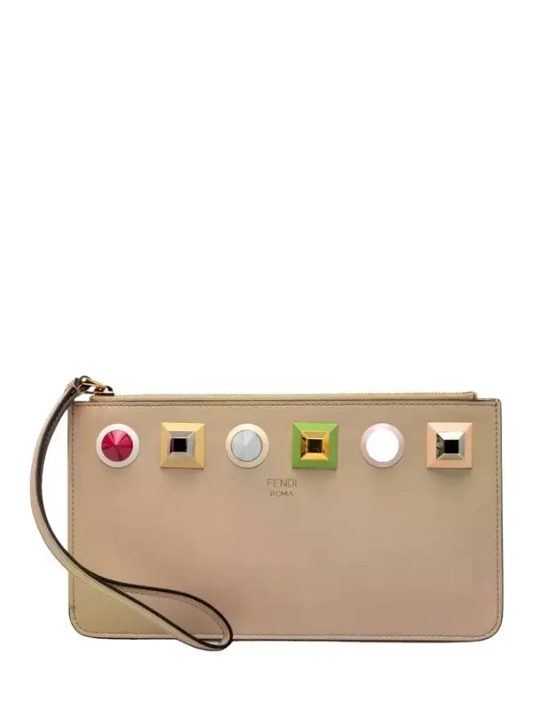 Fendi Studded Leather Slim Wristlet Clutch Bag - Neutrals