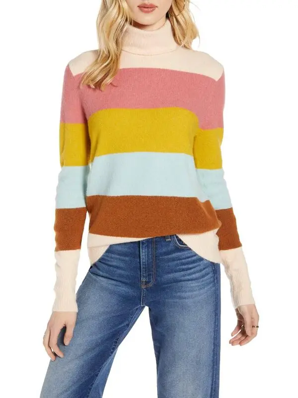 Halogen Turtleneck Long Sleeve Pullover Sweater - Pink Multi Stripe