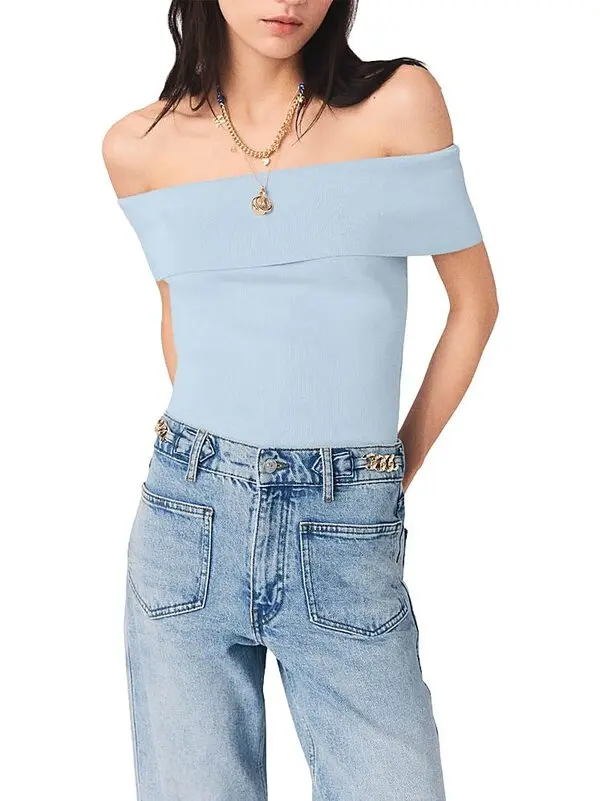 Maje Bardot Rib Knit Top - Blue Sky