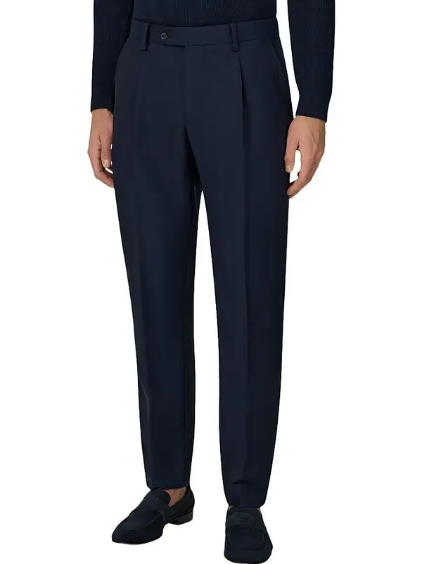 Boggi Milano Regular Fit Wool Mohair Pleated Trousers - Navy Blue