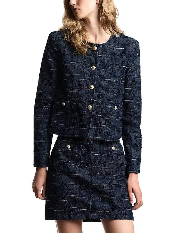 Emporio Armani Check Jacquard Collarless Jacket - Dark Denim Check