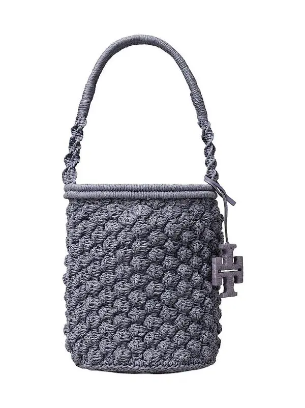 Tory Burch Ella Hand Crochet Straw Bucket Bag - Gray