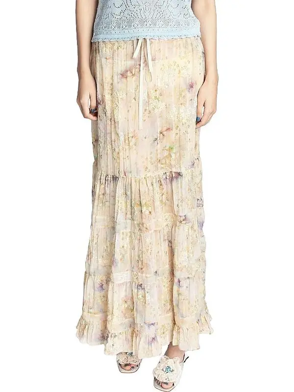 Anna Sui Oasis Blooms Tiered Maxi Skirt - Corn Multi