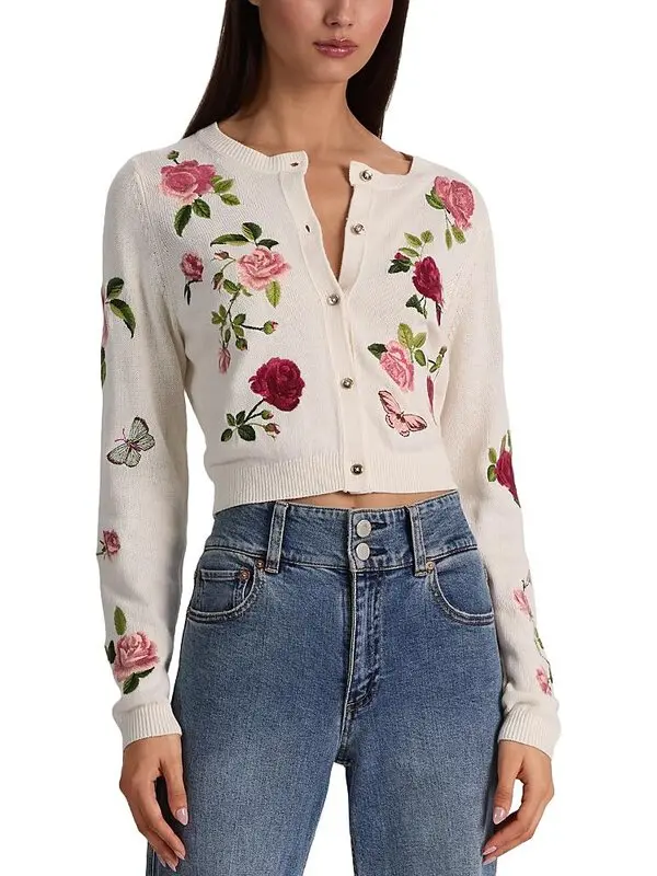 Alice + Olivia Crewneck Cardigan Sweater - Garden Gossip Off White
