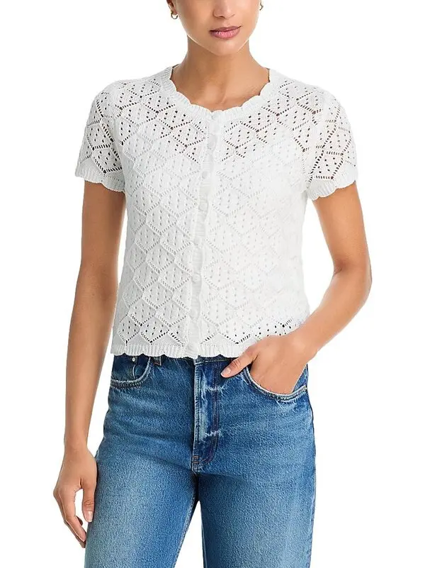 Aqua Pointelle Knit Short Sleeve Cardigan - White