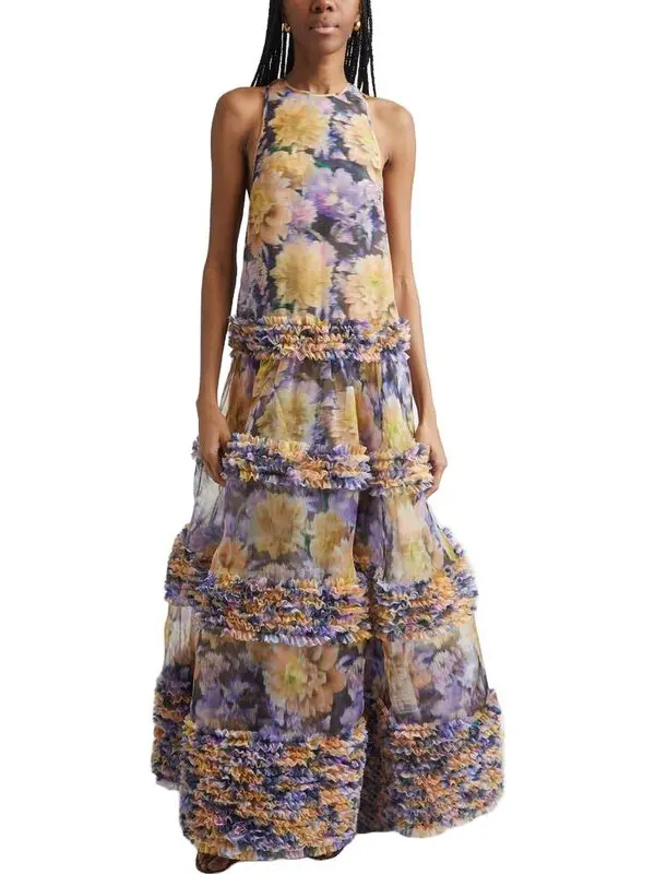 Zimmermann Luna Ruffle Silk Organza Maxi Dress - Violet Dahlia