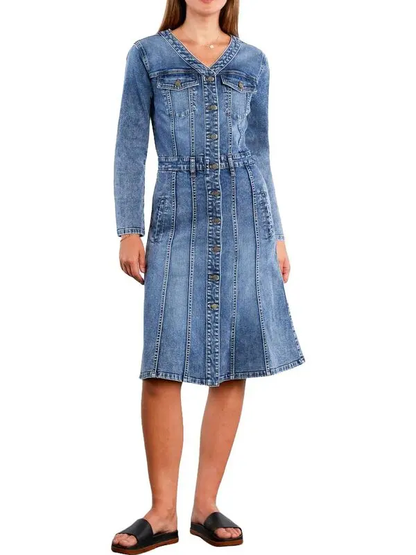 WASH LAB DENIM Madison Long Sleeve Stretch Denim Midi Dress - Atlantic Blue